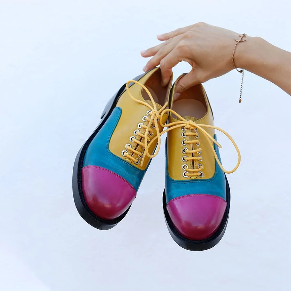 Multicolor Vintage Color Block Leather Oxford Shoes for Women