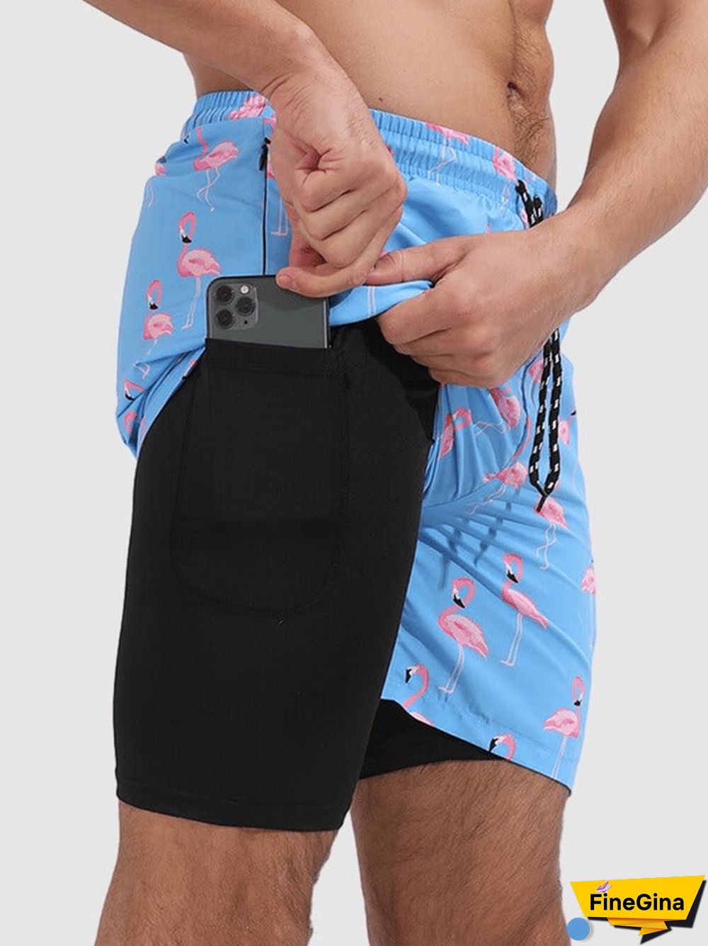 FineGina Men's Resort Double Layer Flamingo Print Beach Pocket Shorts