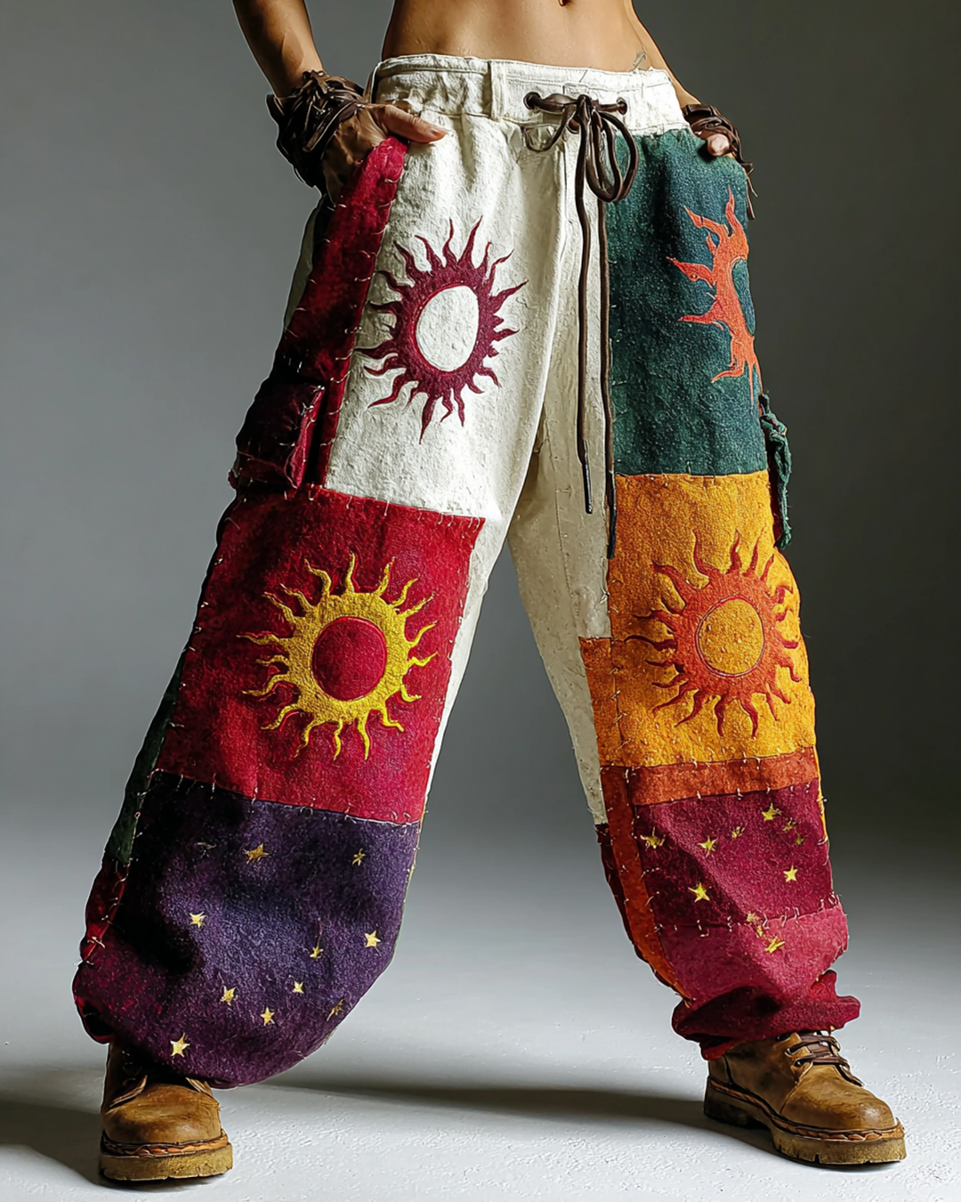 Women's Star and Moon Embroidered Contrast Color Stitching Pants 0222