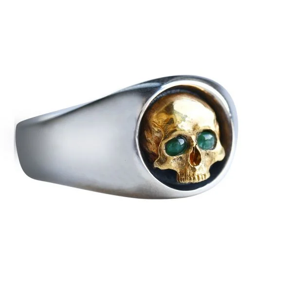 Sterling Silver Emerald Punk Skull Ring