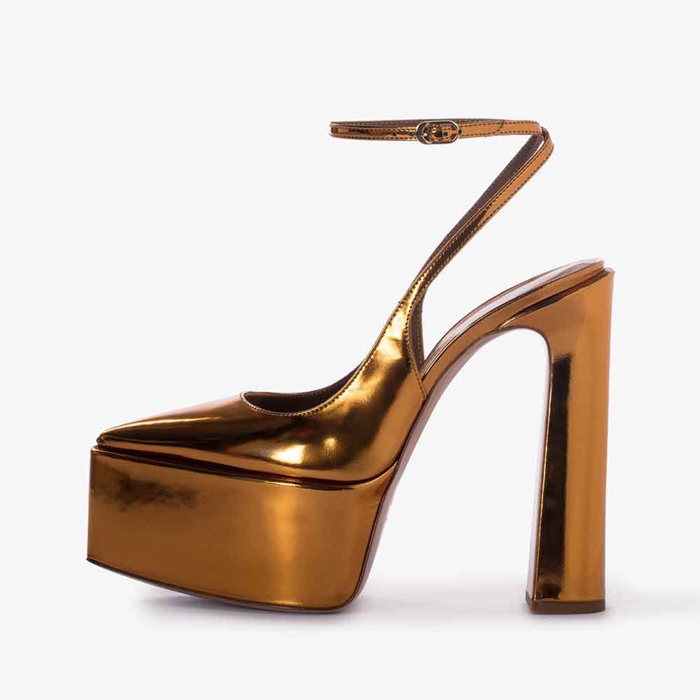 Marigold Orange Metallic Vegan Leather Closed Pointed Toe Slingback ...