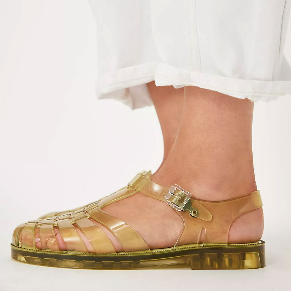 Transparent Olive Hollow-Out Caged Vamp Strap Flat Closed Toe Sandals