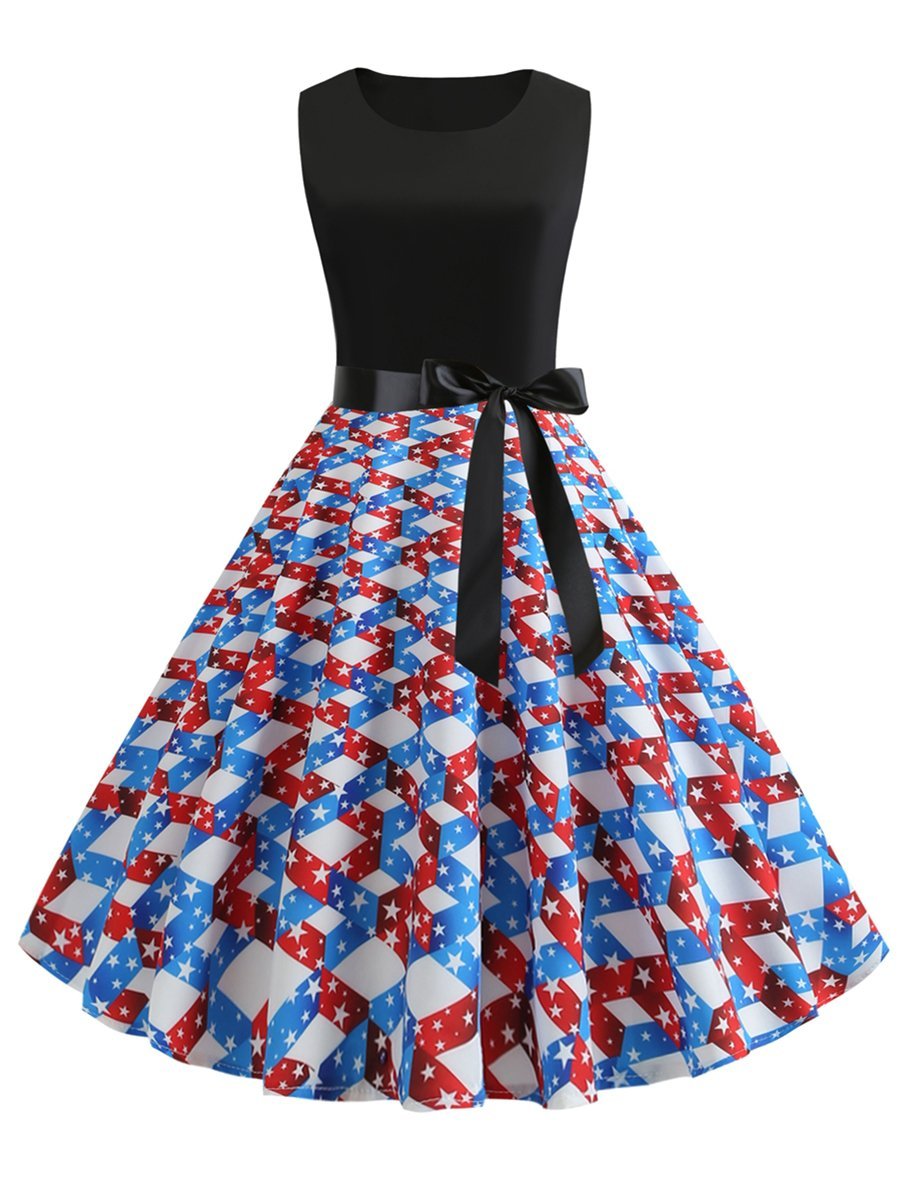 Swing Dress Color Block Print 1950s Dress