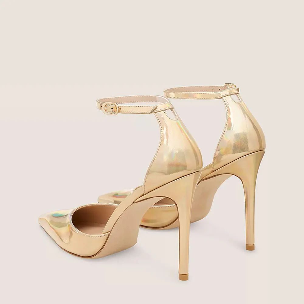 Metallic Gold Holographic Pointed Toe Ankle Strap Pumps with Stiletto Heel