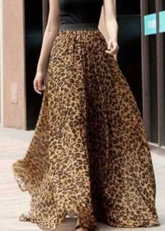 Coffee Leopard Print Tulle Skirt Wrinkled High Waist Summer