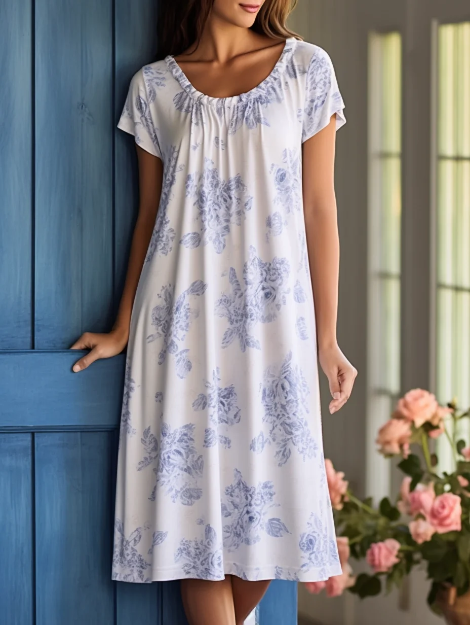 Blue Rose Cotton Nightgown