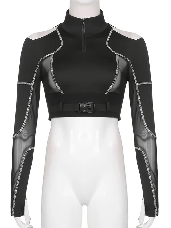 Gothic Dark Paneled See-through Long Sleeve Off Shoulder Midriff Sweatshirt