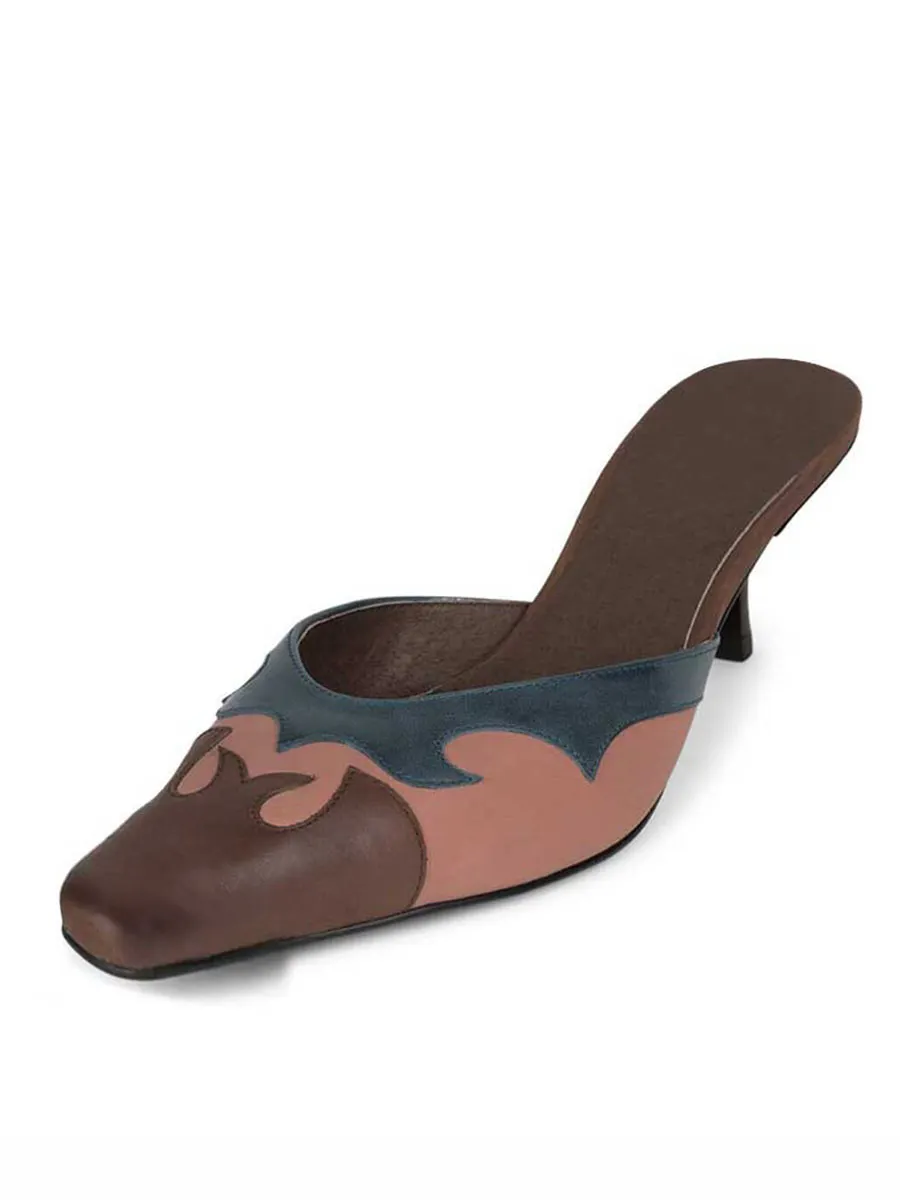 Brown & Blue Vegan Leather Closed Pointed Toe Patch-Work Mules with ...