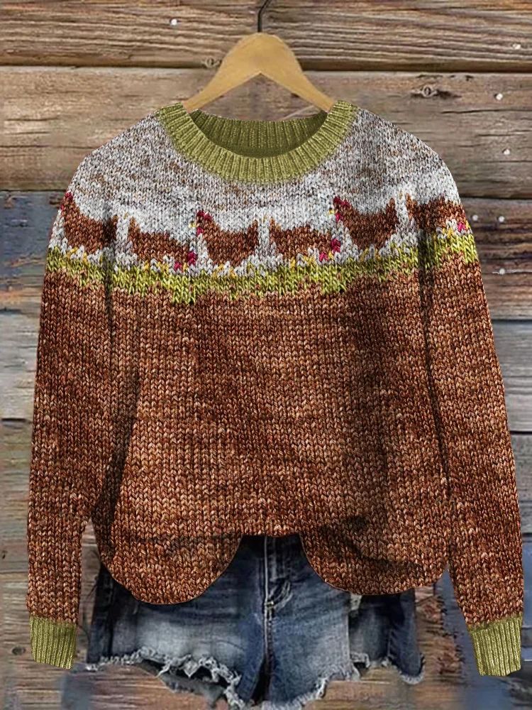 Vercoo Vintage Farm Chicken Inspired Cozy Knit Sweater