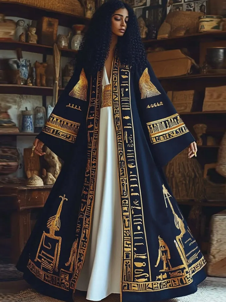 Women's Vintage Egyptian Pattern Art Linen V-neck Robe