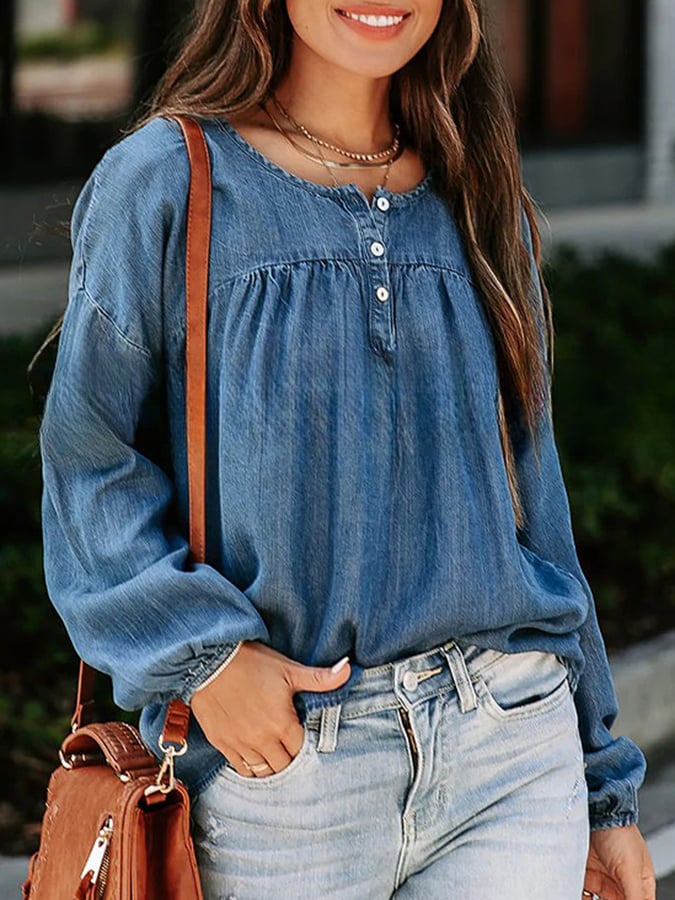 Vintage Fashion Lantern Sleeve Denim Henley Shirt
