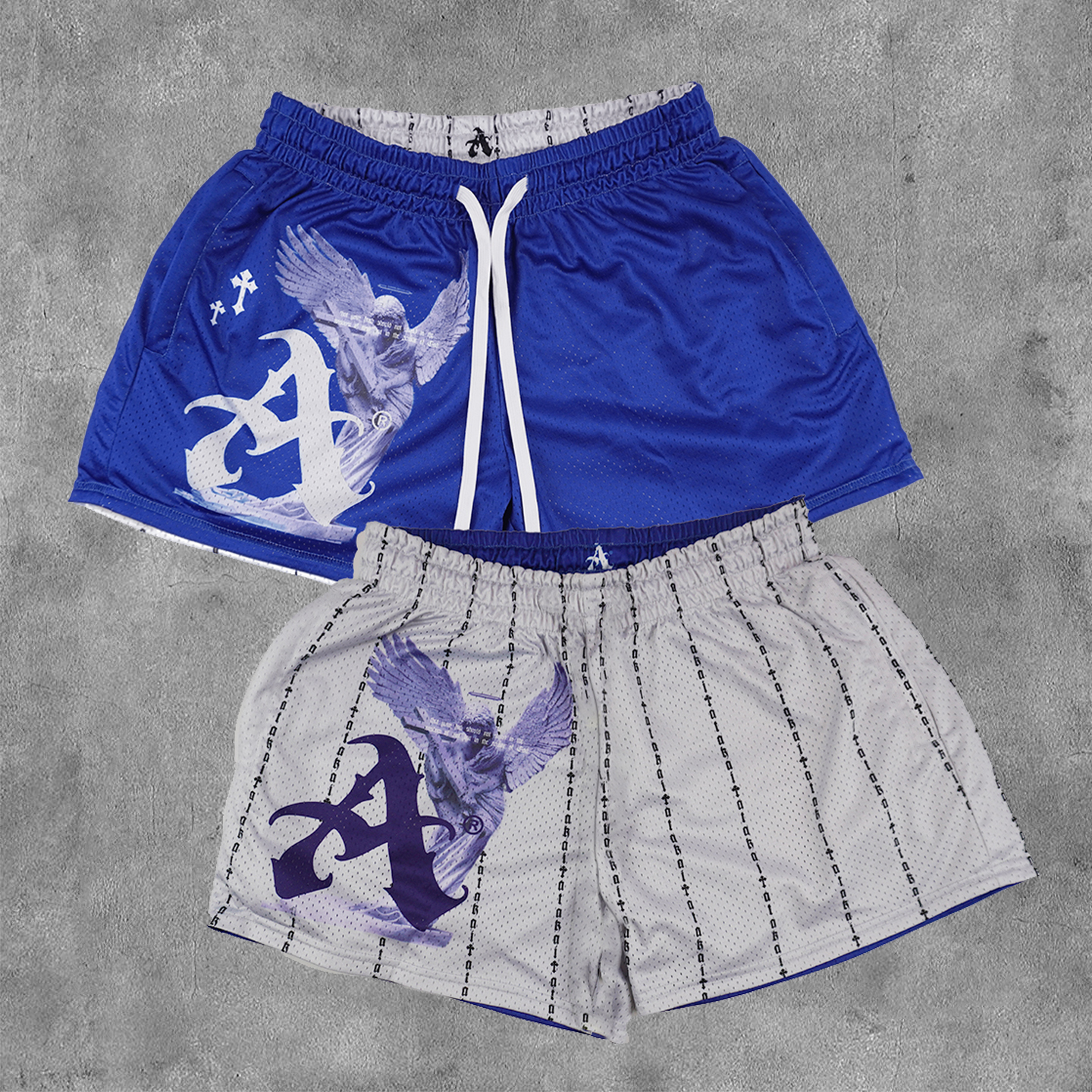 Faith Angel Print Reversible Mesh Shorts