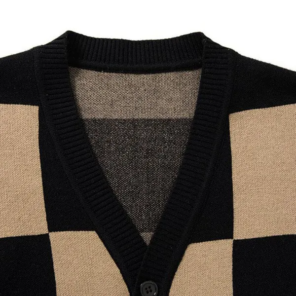 Men's Stylish Color Contrast Check Single Breasted Knit Cardigan