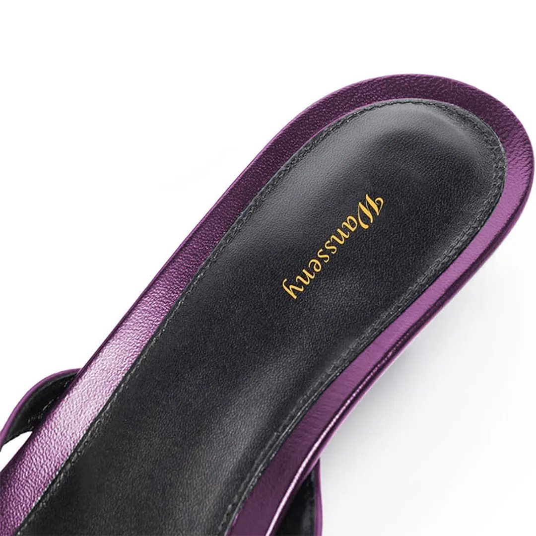 Purple Metallic Finish Open Square Toe Kitten Heel Flip Flops