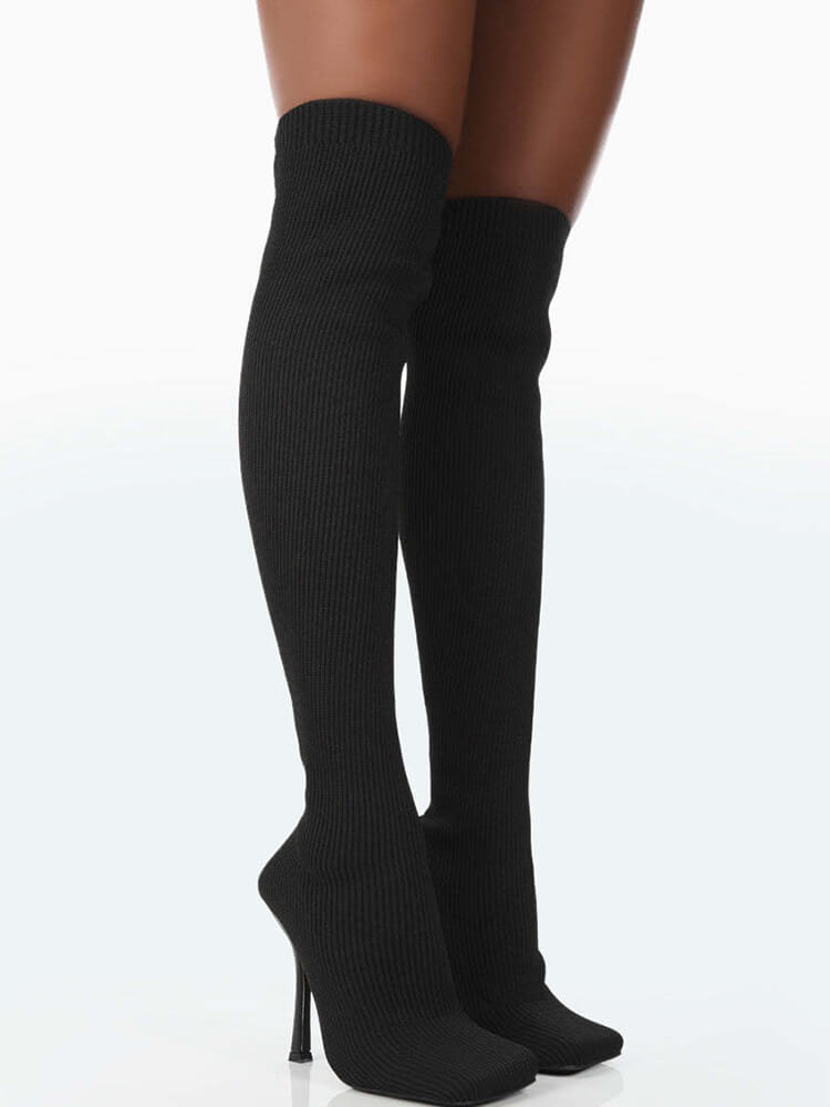 Ribbed Knit Solid Color Thigh High Boots - LoopLike
