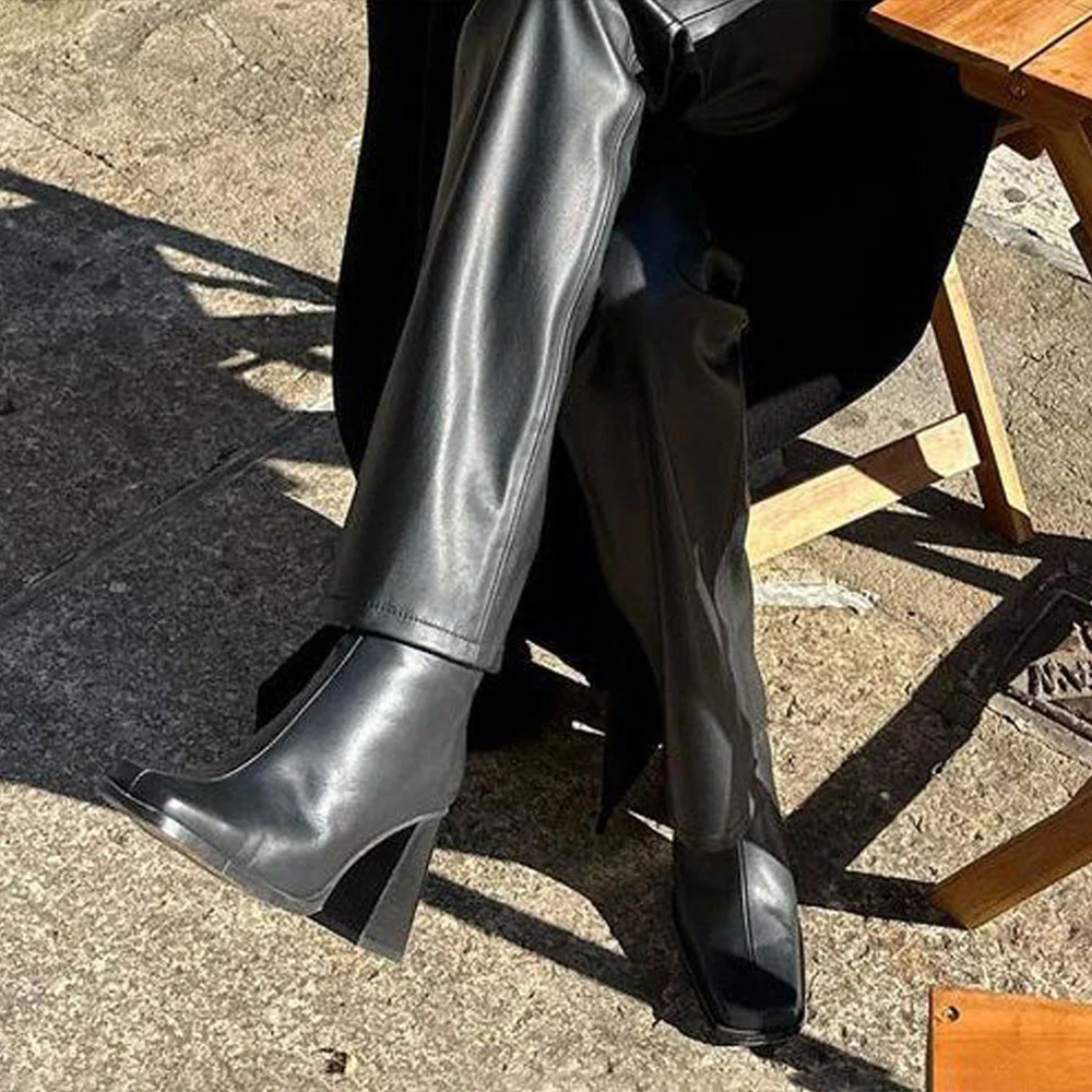 Black Square Toe 3'' Chunky Heel Side-Zip Office Ankle Boots