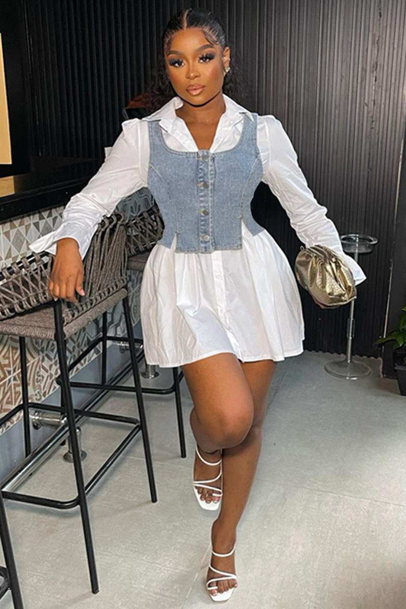 Denim Sleeveless Crop Vest Flare Sleeve White Blouse Mini Dress Two ...
