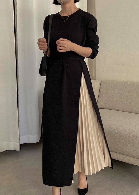 Fine Black Asymmetrical Patchwork Wrinkled Knit Fake Two Piece Dresses ...