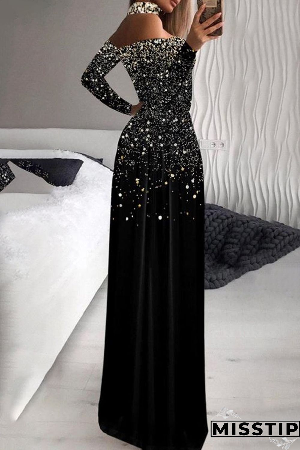 Elegant Formal Print Slit Sequined Turtleneck Evening Dress Dresses ...