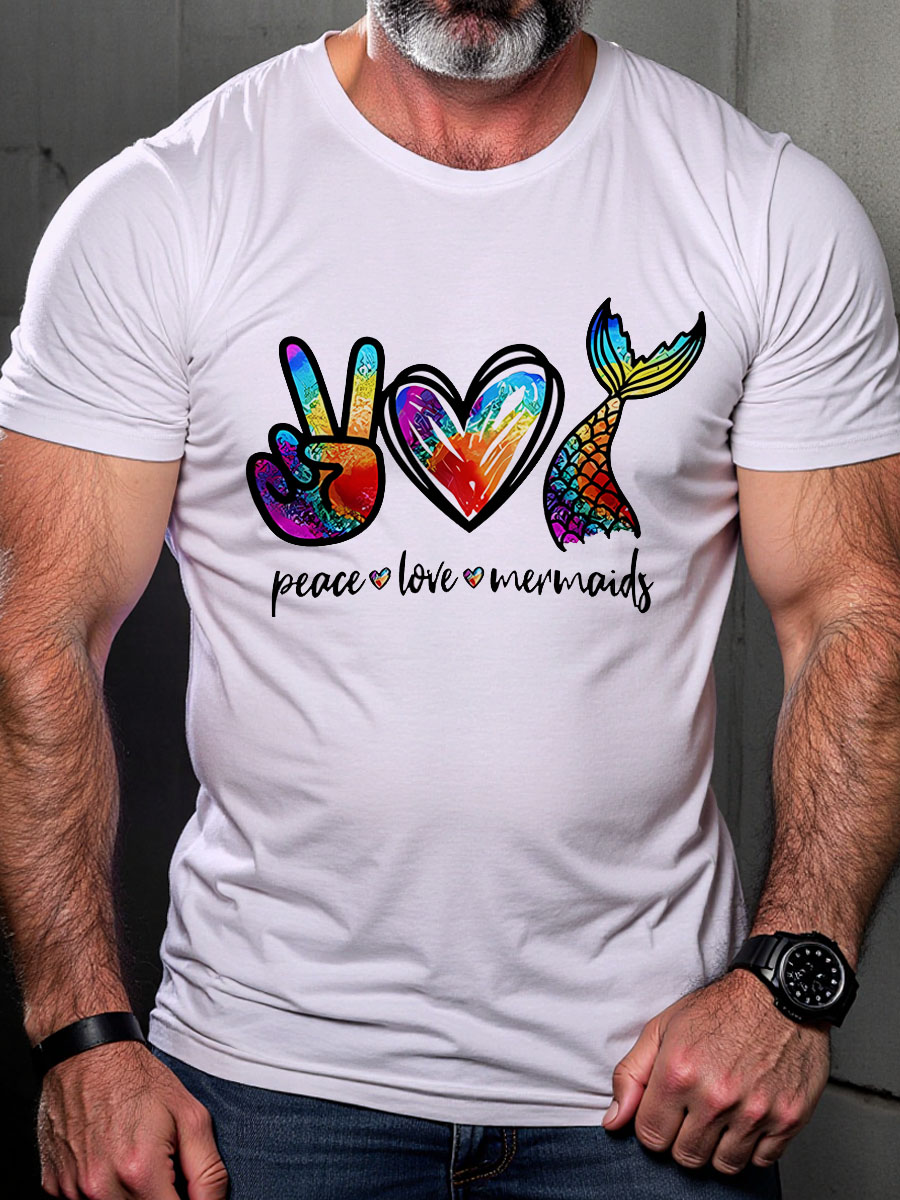 LGBT Rainbow Peace Love Mermaid Art Print Casaul T-shirt