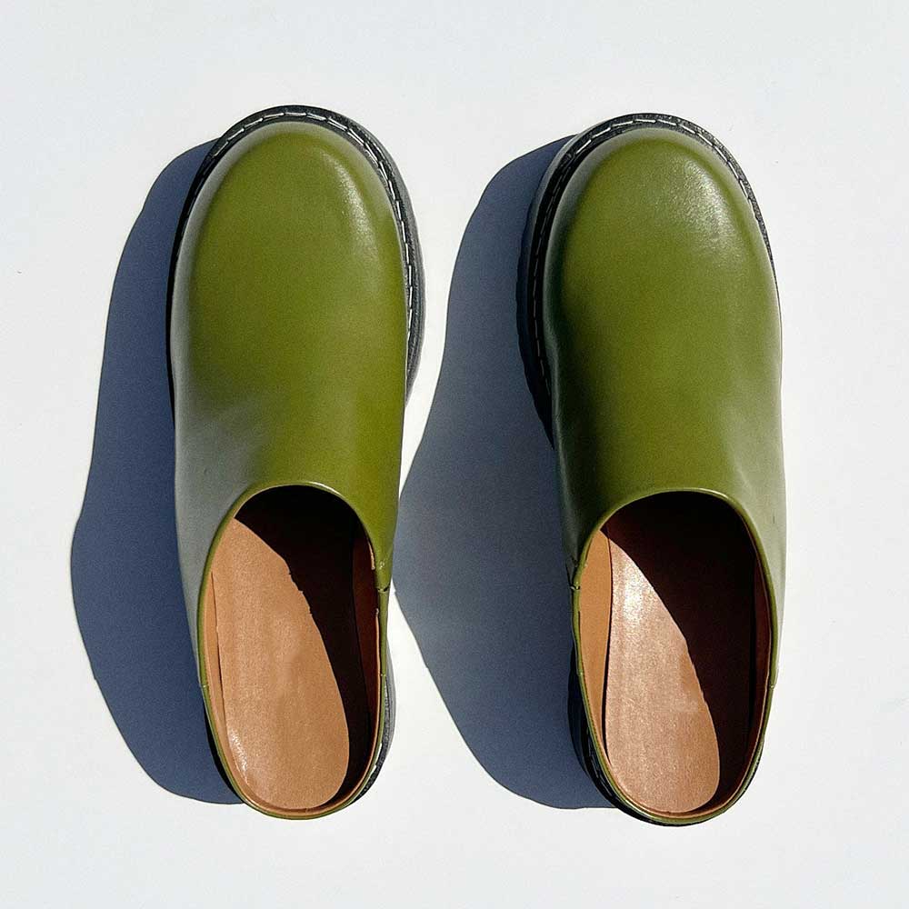Green Round Toe Chunky Heel Lug Sole Platform Mules for Women