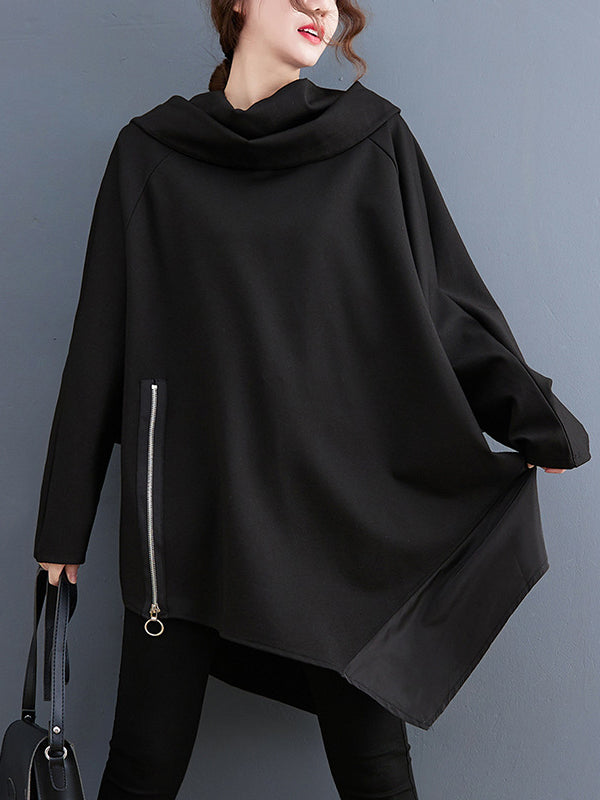 Original Black Loose Irregular Zipper Long Sleeves Sweatshirt