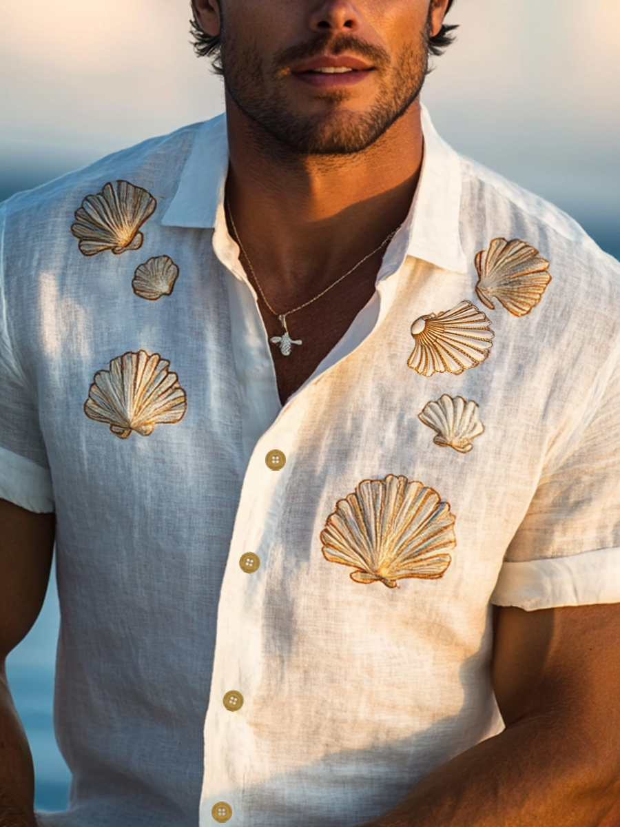 Anchor Nautical Coast Simple Embroidered Shell Print Shirt