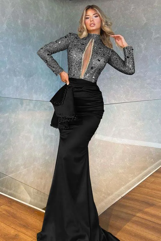 Daisda High Collar Long Sleeves Mermaid Prom Dress With Beadings