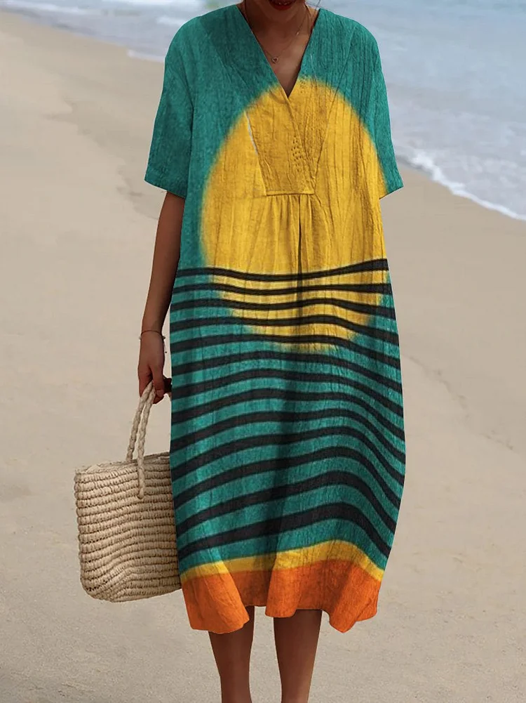 Large Color Blocks and Line Decorative Patterns Flowy Dress