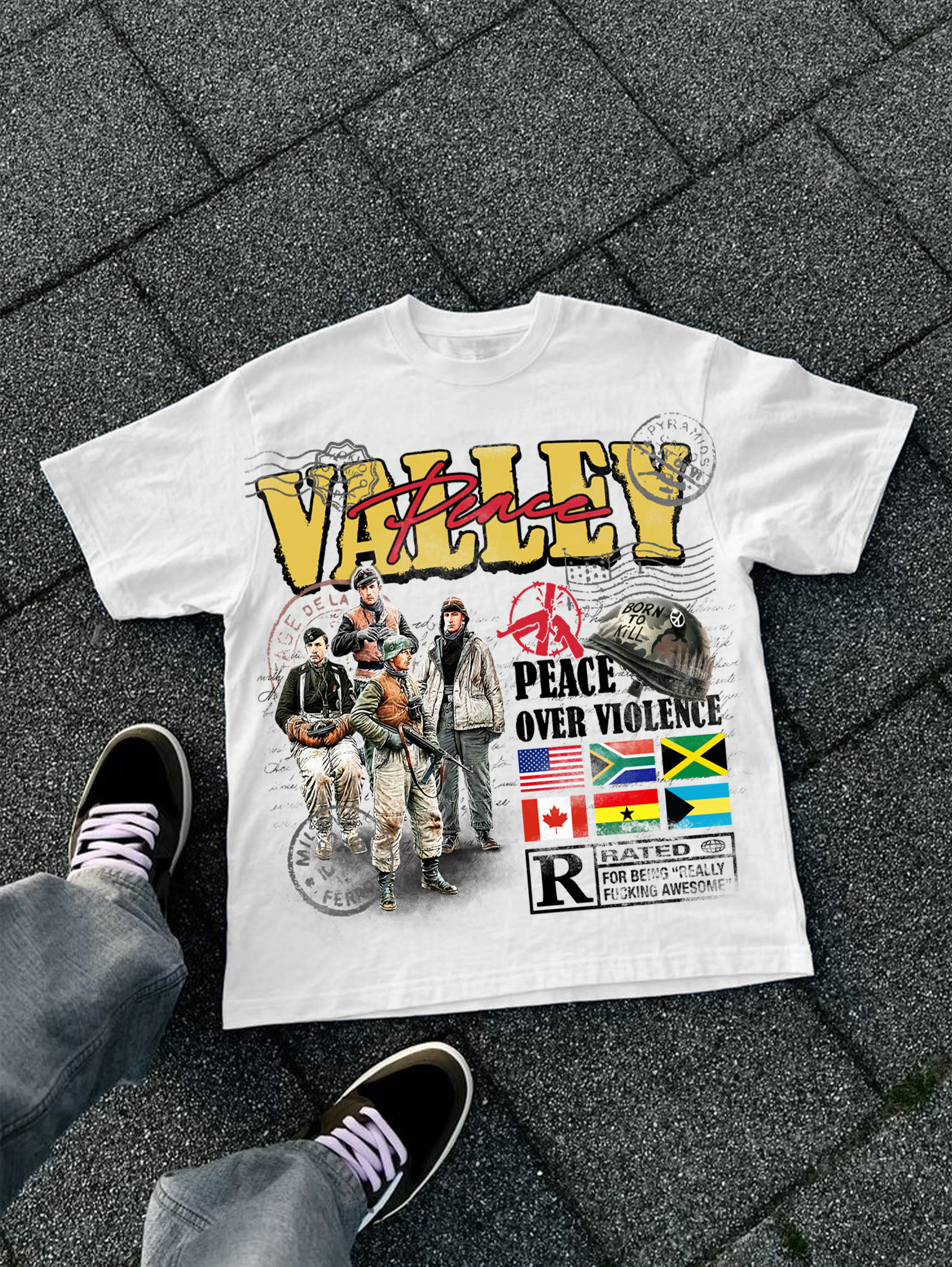 Peace Over Violence War Figures Vintage Graphic Cotton T-shirt - Sopula