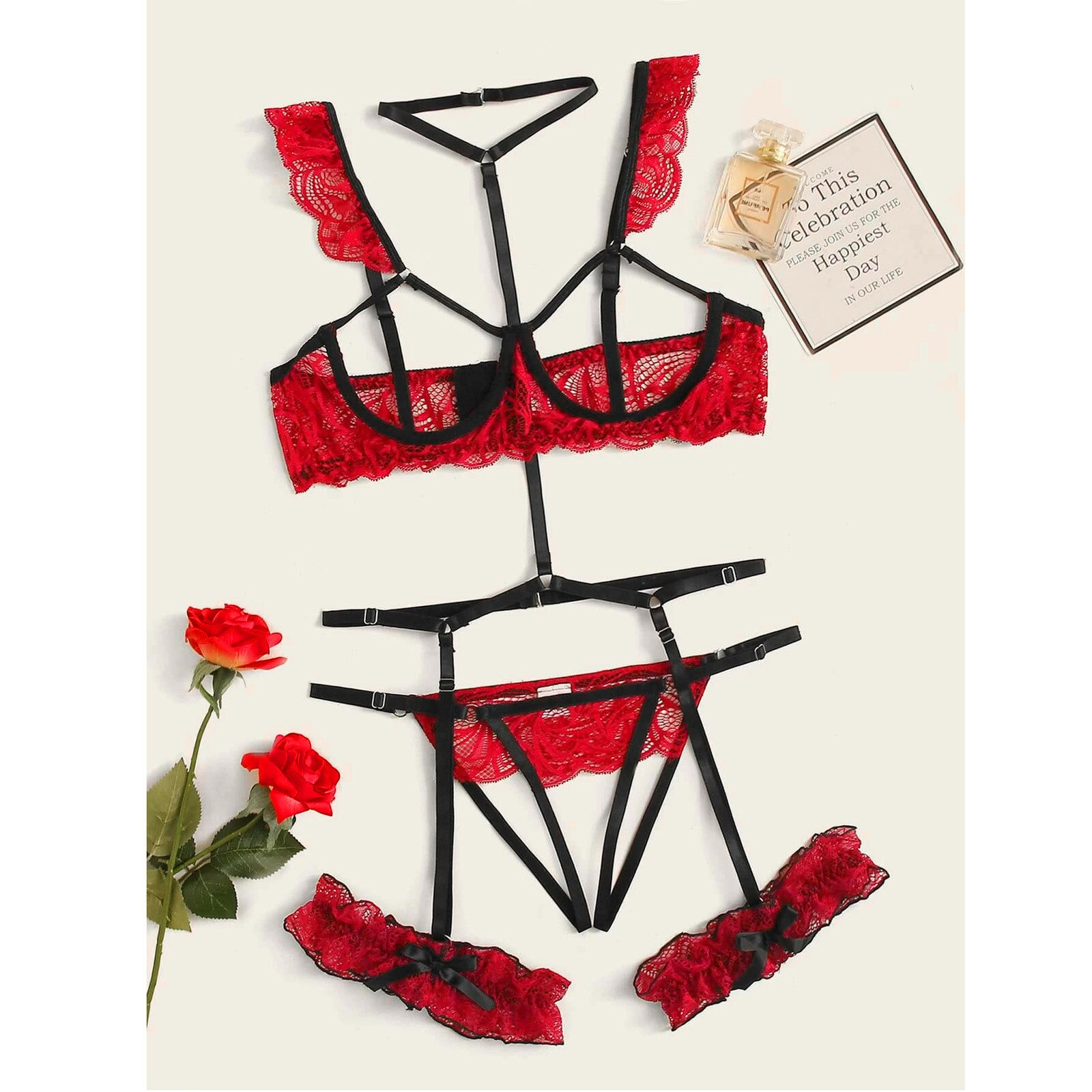 Uaang Sexy Hollow Out Lace Bra G string Garters Set Women Erotic ...