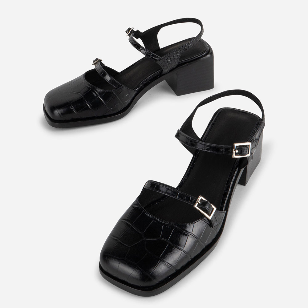 Black Croc Embossed Square Toe Ankle Strap Block Heeled Mary Janes