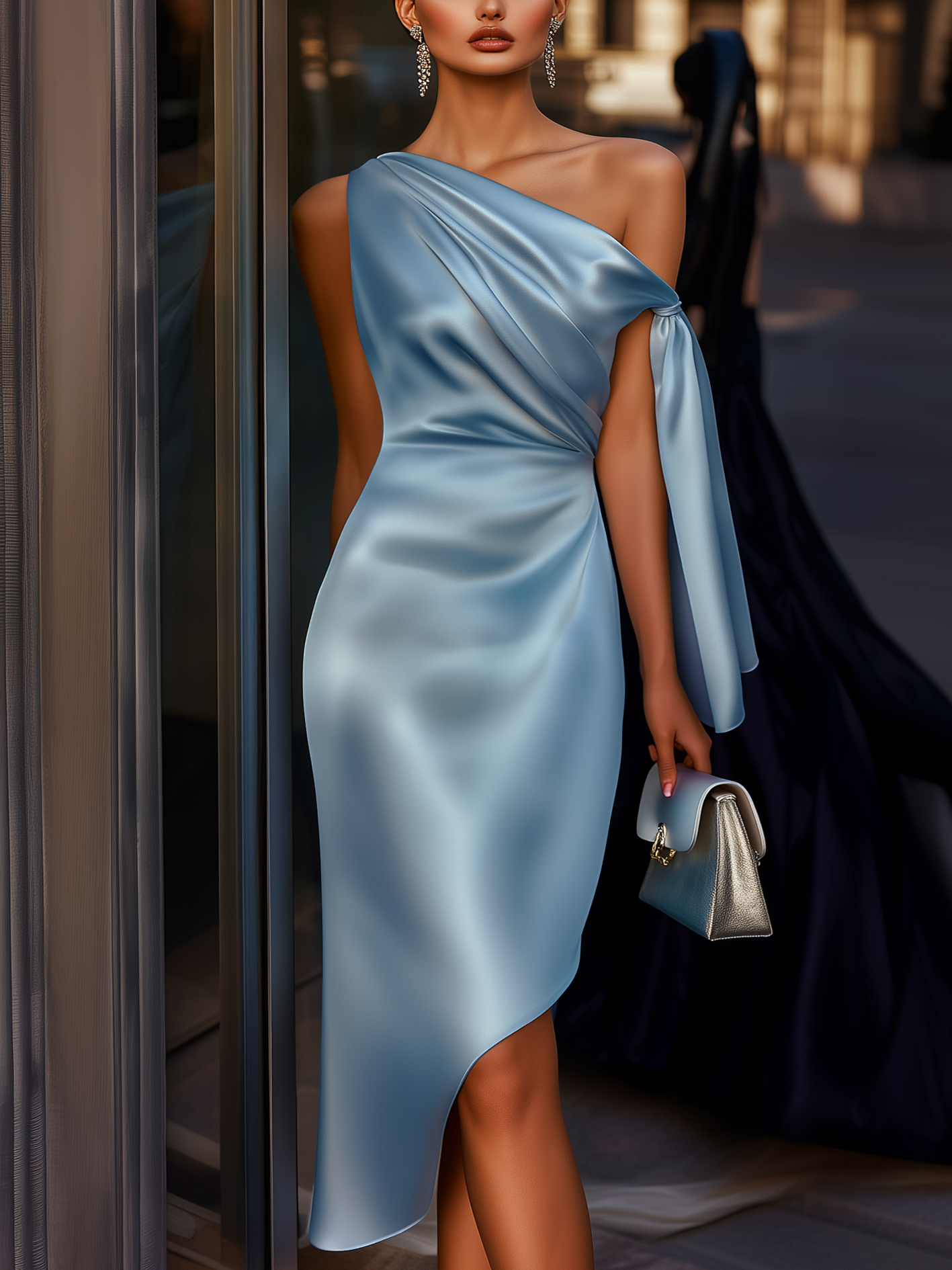 Misty Blue Satin Midi Dress With Asymmetrical Tie Detail