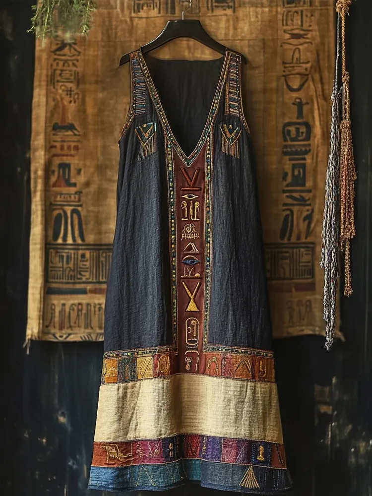 Lunivibe Ancient Egyptian Elements Embroidered Linen Maxi Dress