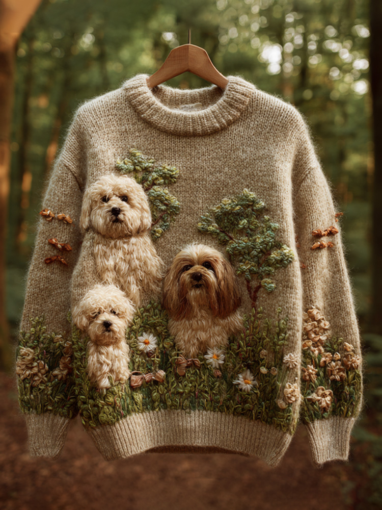 Women's Vintage Mohair Dog Embroidered Sweater