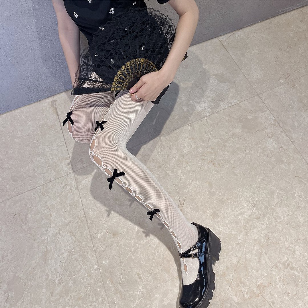 VELVET BOW CUTOUT MESH STOCKINGS