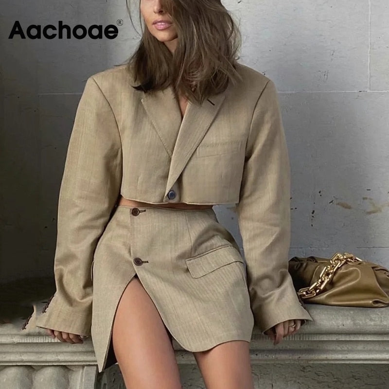 Aachoae Fashion 2 Piece Set Women Blazer Skirt Suit 2021 Solid Color ...