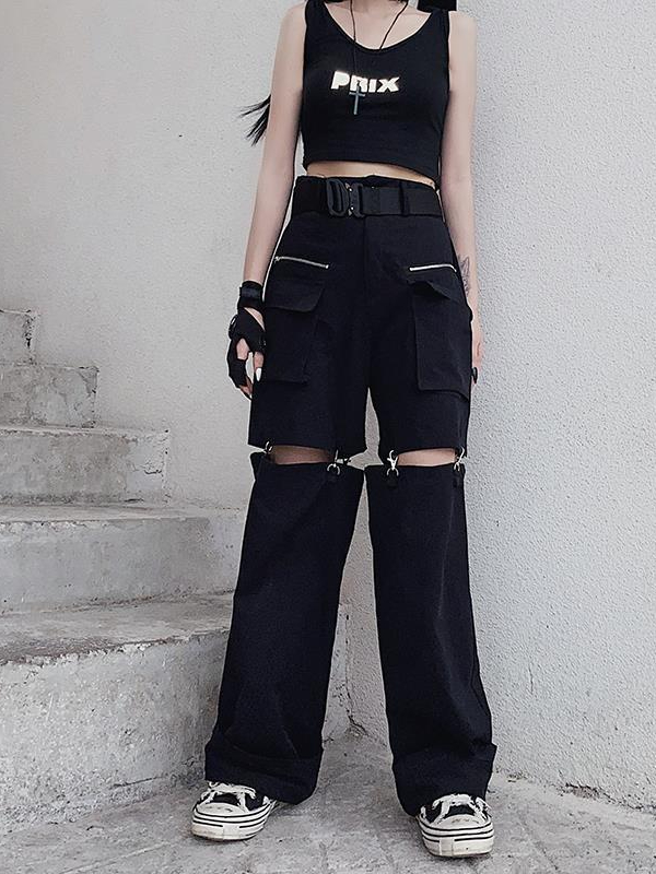 Statement Hip-pop Style Pockets Detachable High Rise Straight Pants
