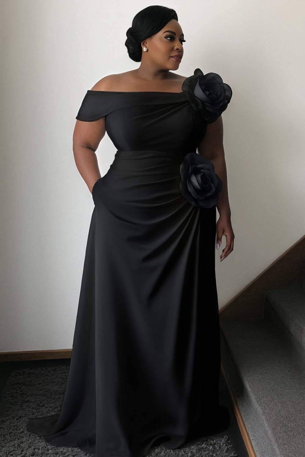 Xpluswear Design Plus Size Wedding Black Elegant Asymmetrical Collar 3D ...