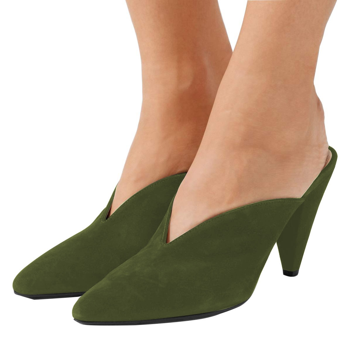 YDN Cone Heel V-Cut Pointed Toe Olive Mule Shoes for Women
