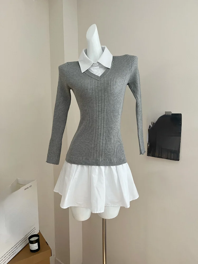 Woherb Summer Preppy Style Fake Two Pieces Mini Knitted Shirts Dress ...