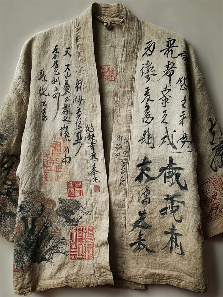 Japanese Pine Tress Calligraphy Art Embroidered Linen Kimono Cardigan