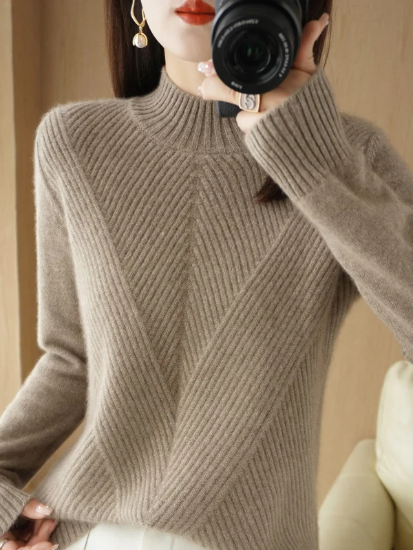 Cityscape Chic: Long-Sleeve Solid Color Half Turtleneck Sweater Tops