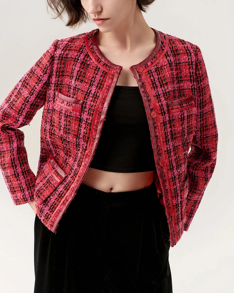 Checkered Concealed-fastening Patch-pocket Tweed Jacket