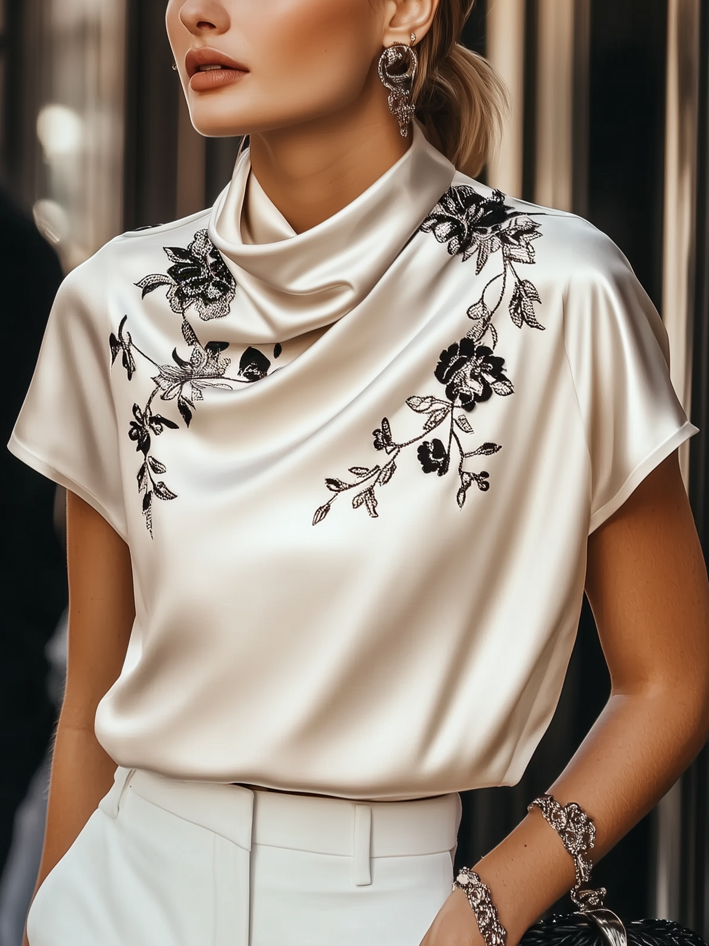 Elegant Ivory Satin Blouse – Draped Cowl Neck & Floral Embroidery