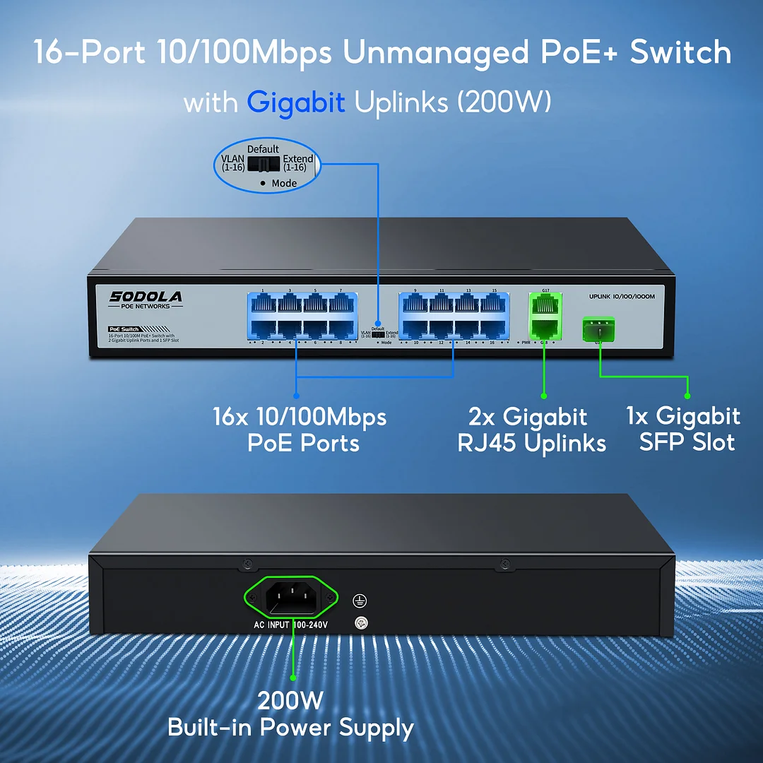 16 Port PoE Switch/16 PoE+ Ports 100Mbps, 2 Gigabit Ethernet Uplink&1 ...