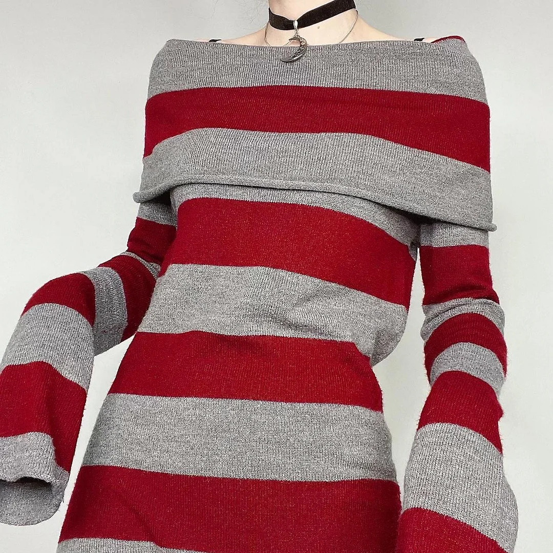 woherb Goth Mall Stripes Knitted Dress Women Long Sleeve Off-shoulder ...