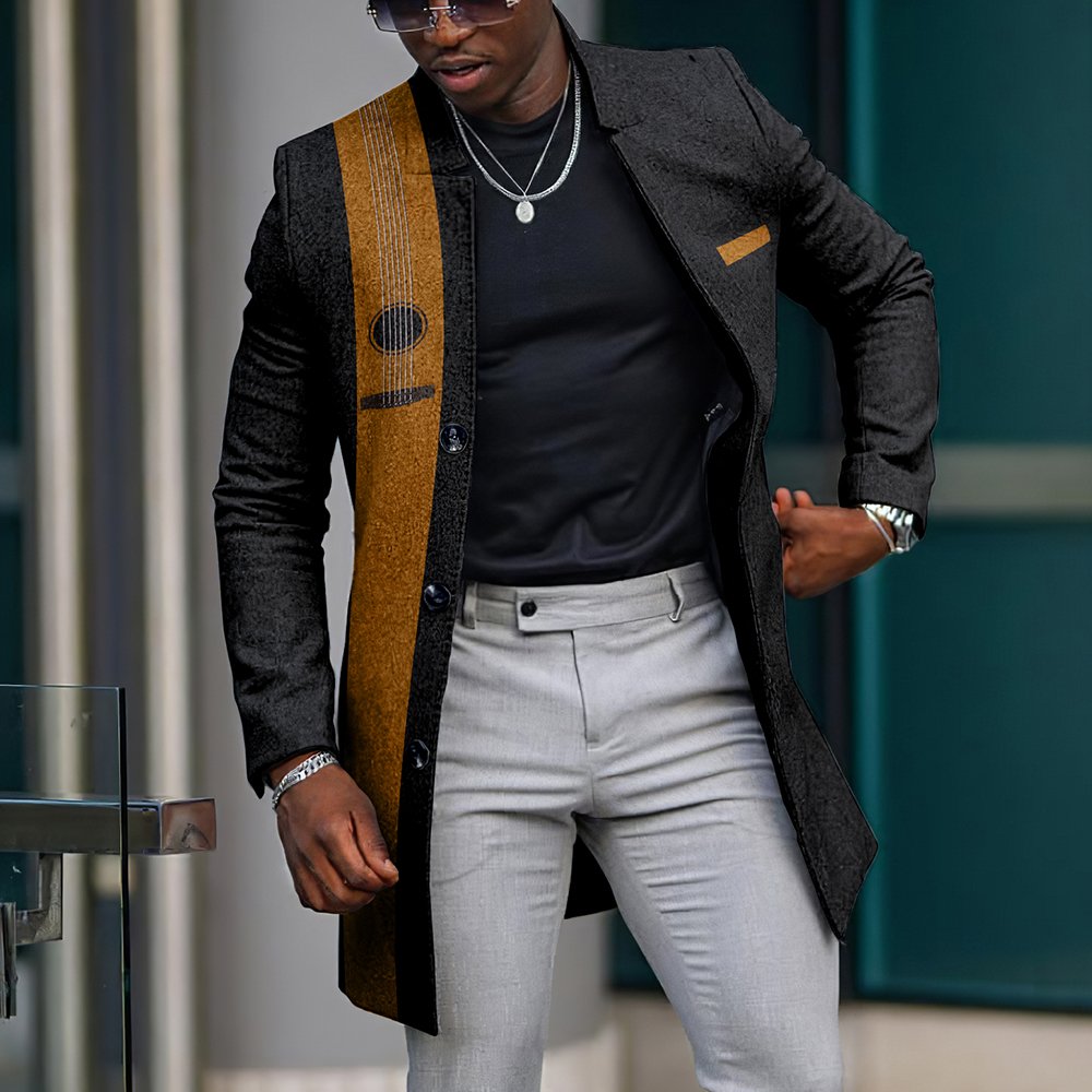 Slim Fit Musical Print Mid Length Coat