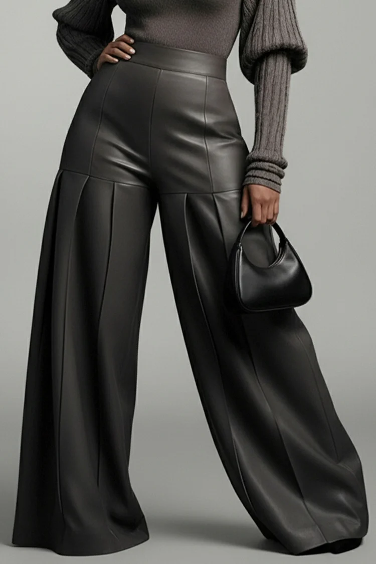 Plus Size Business Casual Grey Pocket Casual Wide Leg PU Leather Pants ...