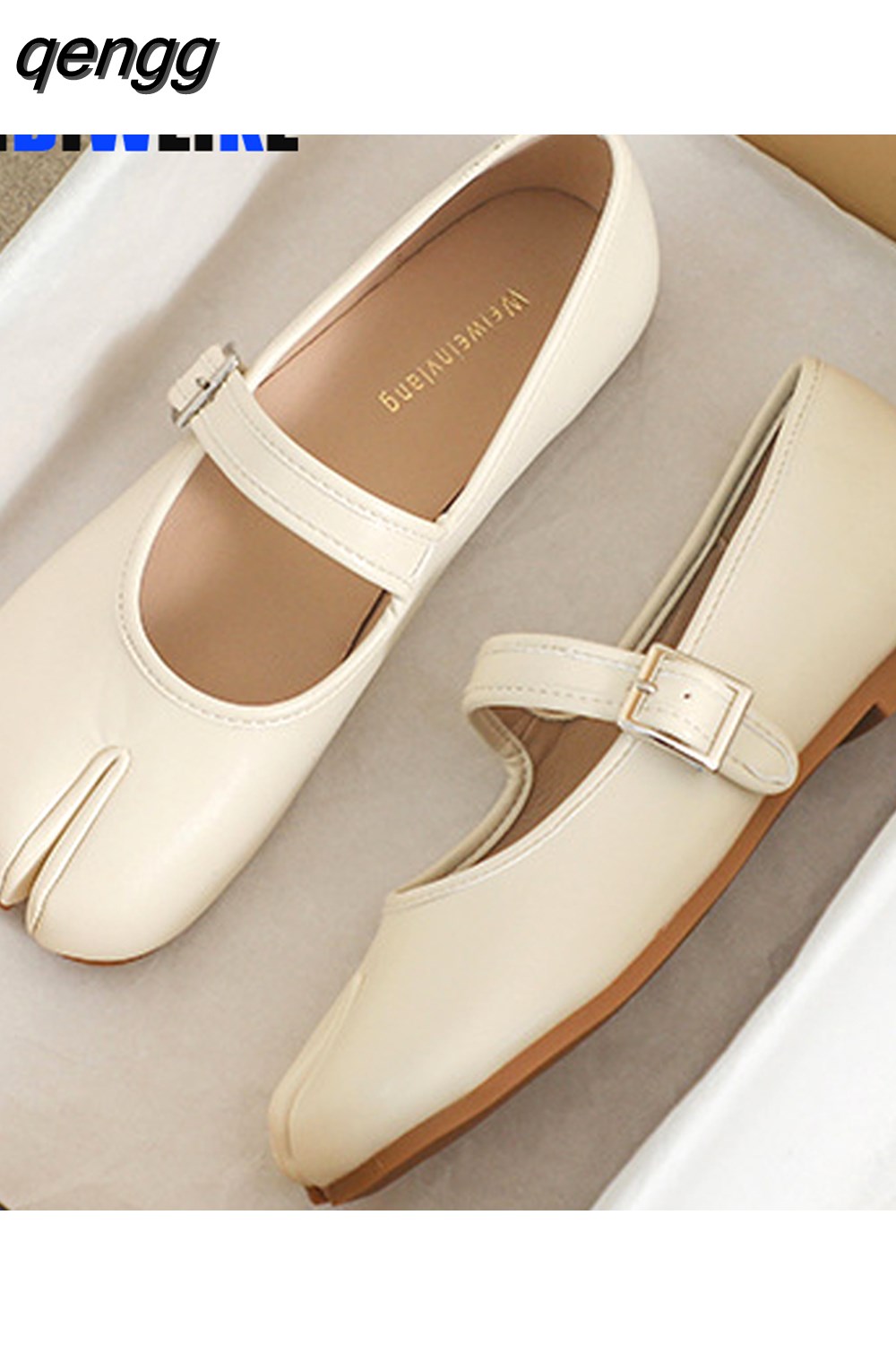qengg leather split toe flat shoes woman mary janes tabi ninja flats ...